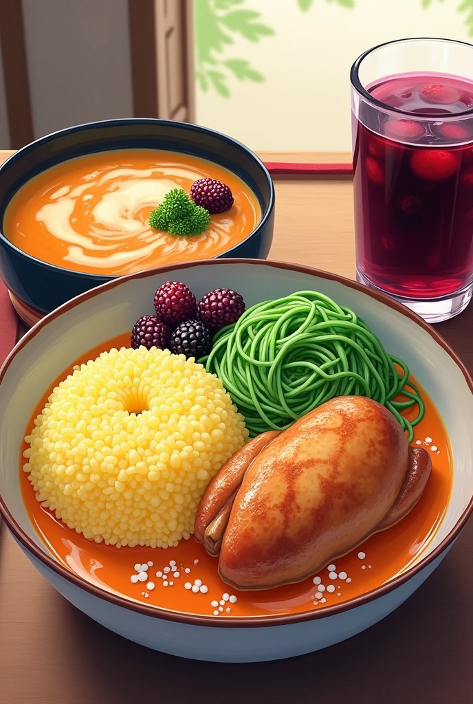 Menu: Manaba cheese soup, Yellow rice with green noodles and baked ...