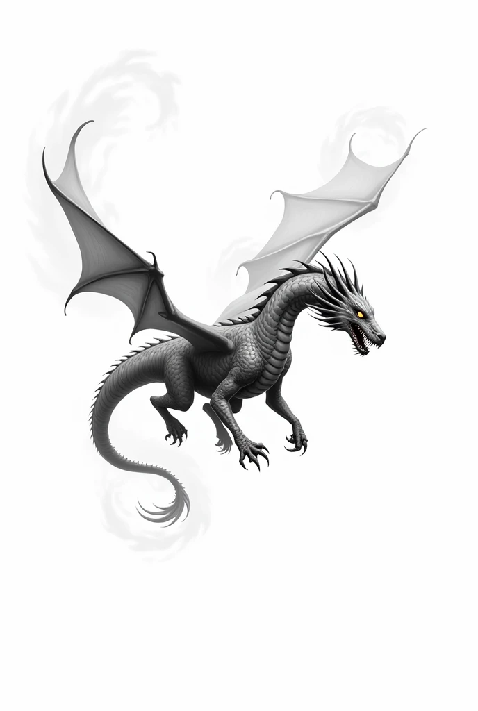 "A detailed black and white illustration of a majestic dragon in flight ...