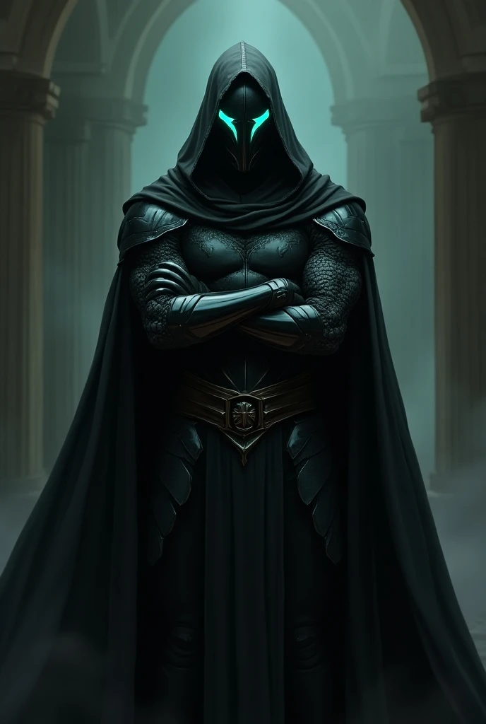 A close up of a Echo knight in black clothes wearing a knight helmet ...