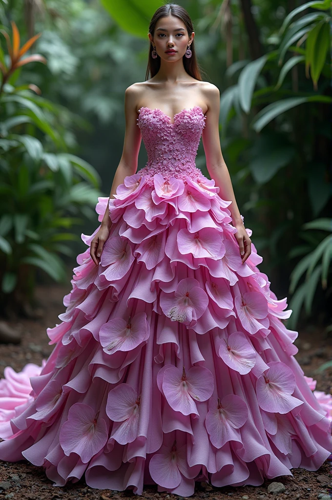 A woman wearing a haute couture dress inspired by the orchid Zapatito ...