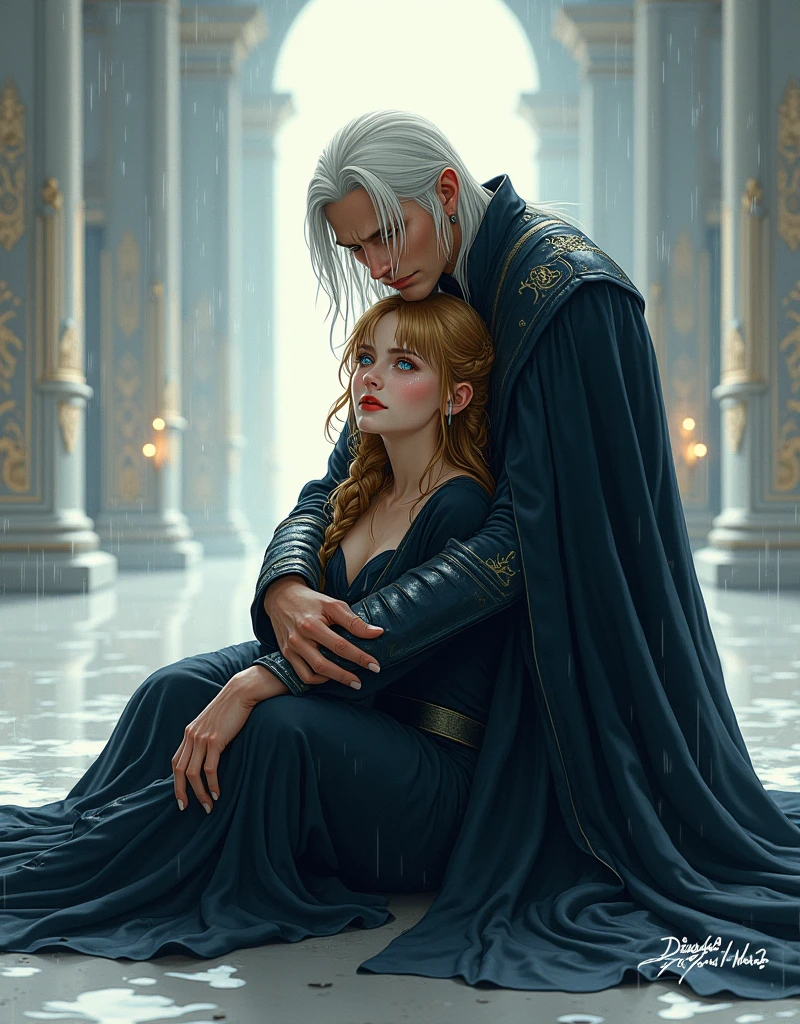 A magnificent snow-white palace, in a huge hall on the floor sits an ...