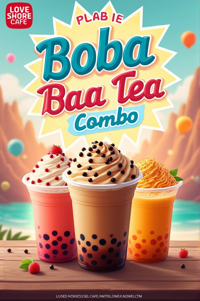 Create a poster for cafe name: love shore cafe as main heading ...