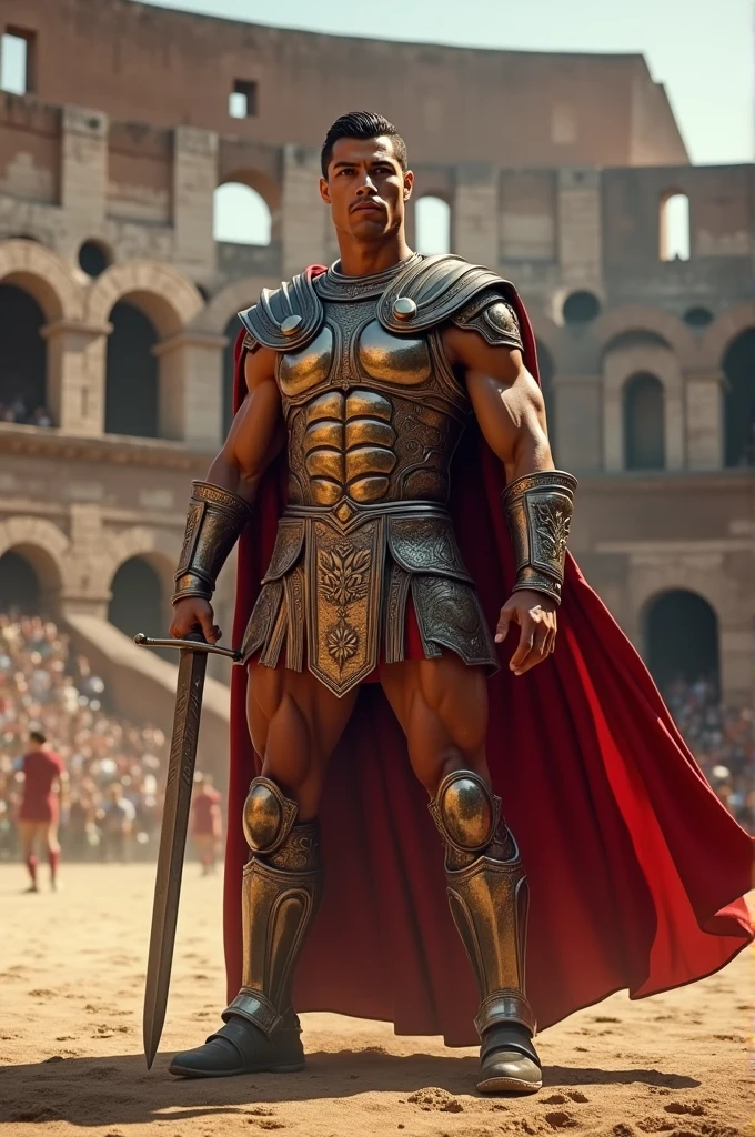 Ronaldo as a Roman gladiator, wearing traditional armor and holding a ...