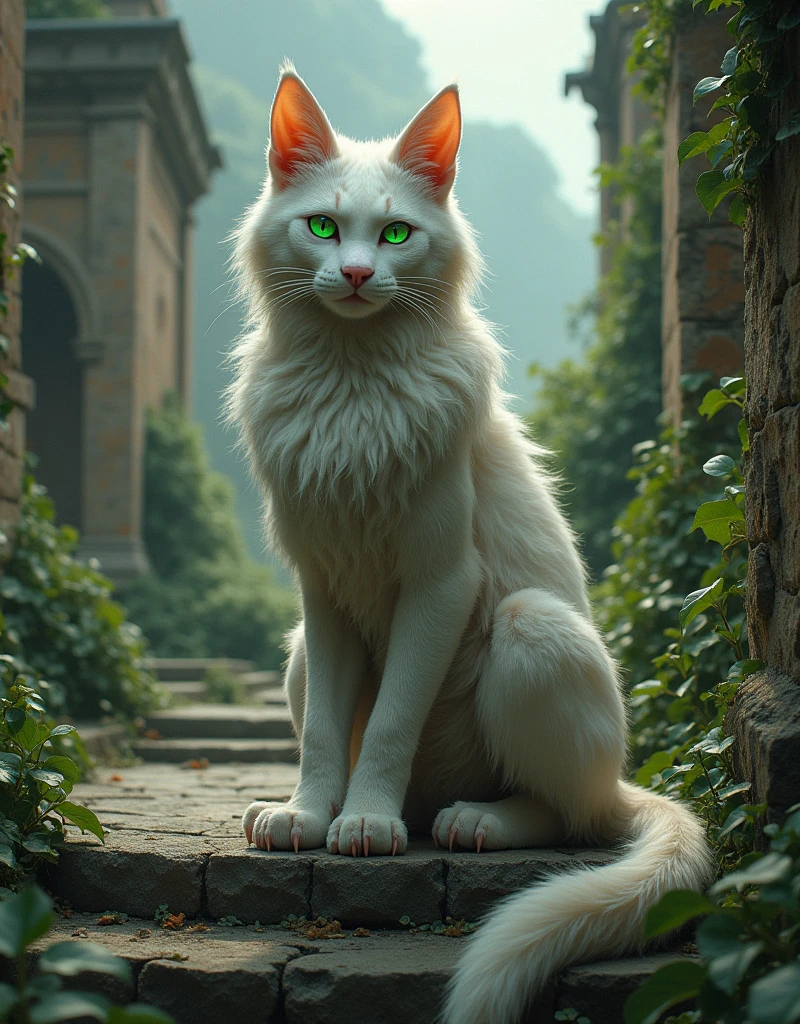 animal girl (Human)-cat ,hybrid, covered with hair on 4 legs sits on ...