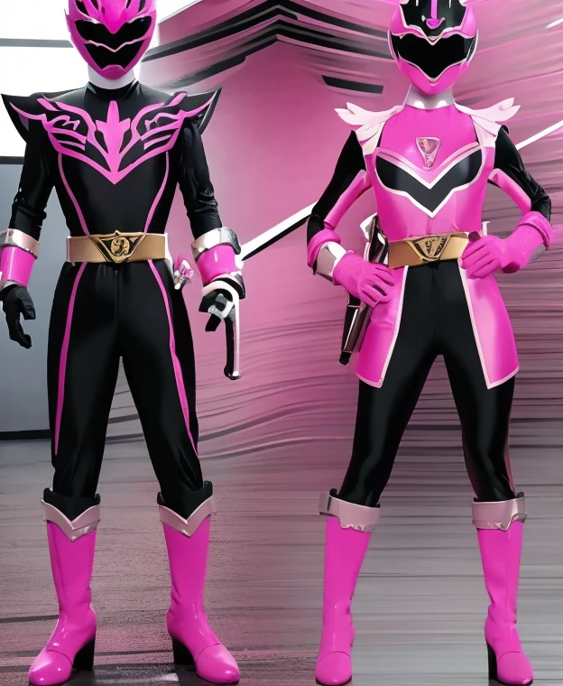 A woman pink and black rangers, pink and black ranger suit, as she ...