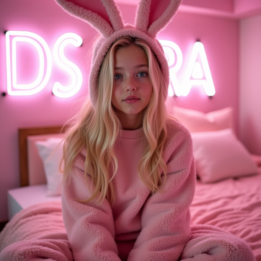 Fashion Editoral Photo A girl with long blonde hair in a pink teddy ...
