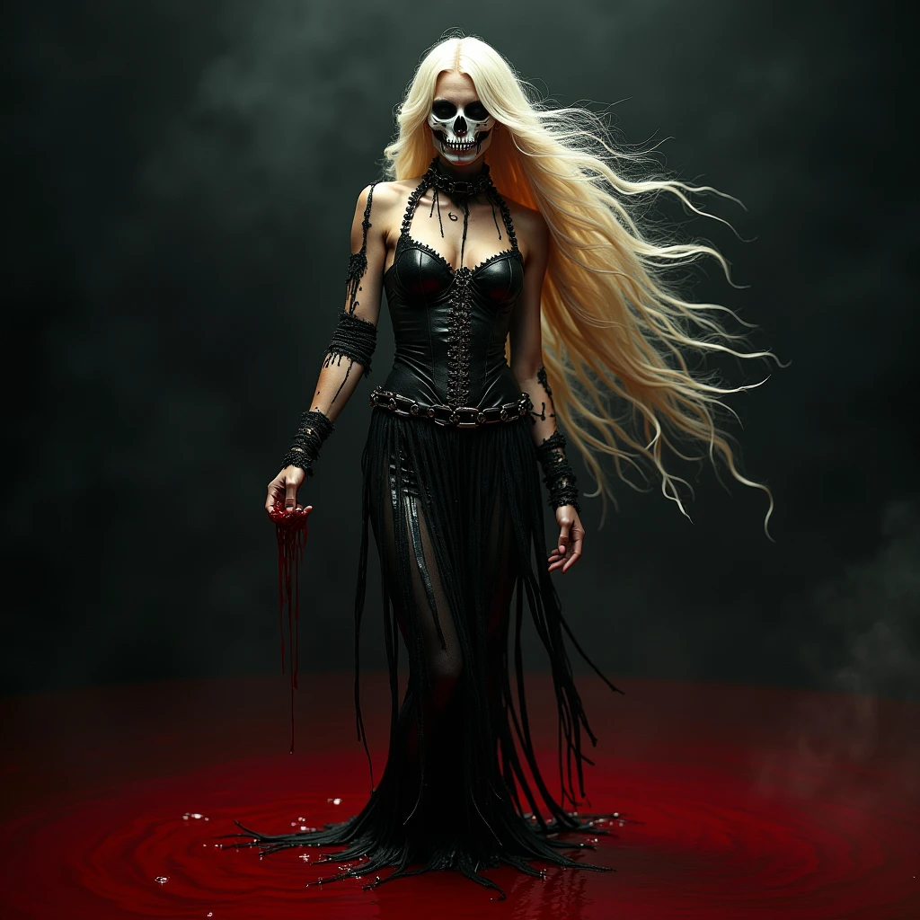A beautiful and mysterious woman with skull face and squeletor body ...