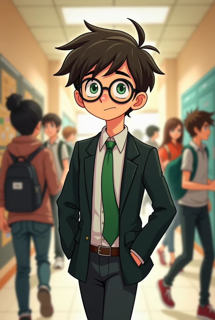 A clumsy male high school student in a black blazer with Japanese fuzzy ...