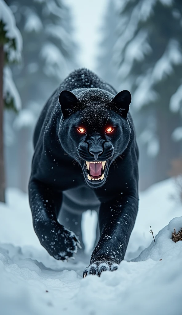 "Visualize a dark, cinematic scene in the depths of a snow-covered ...