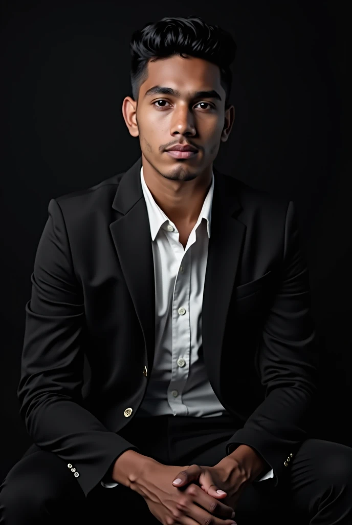 In a dark studio, young man site heroically, dressed in a black blazer ...