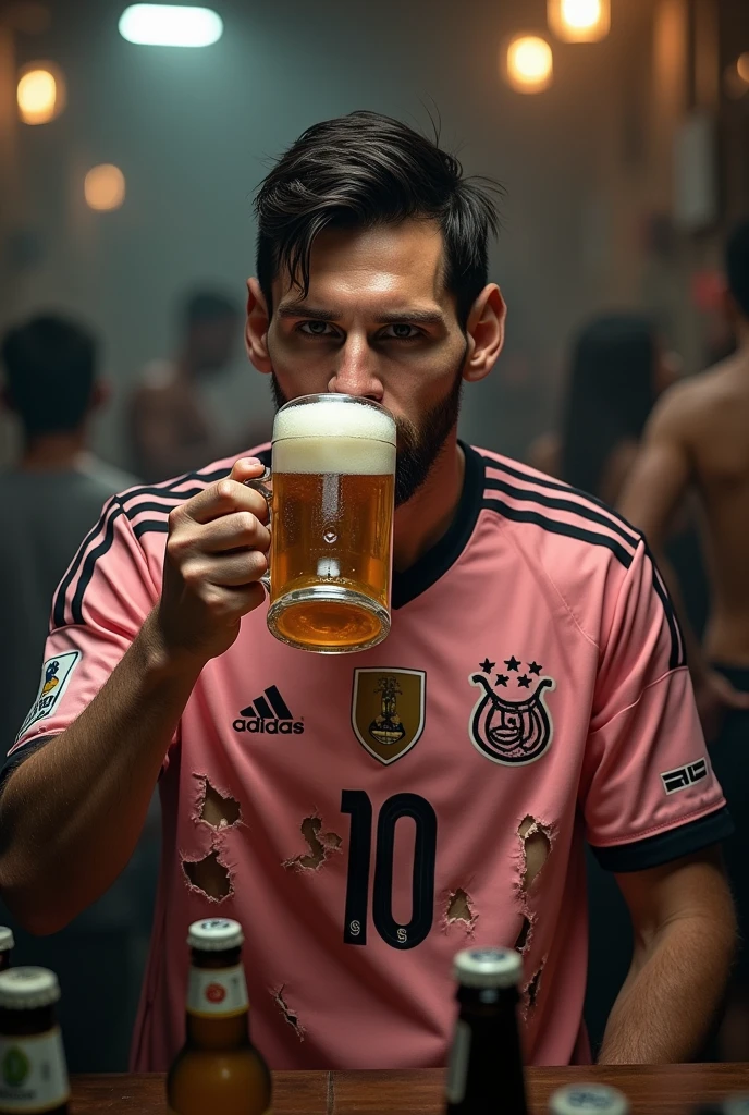 Hyper realistic photo of Messi in a slum bar drinking beer mug - SeaArt AI