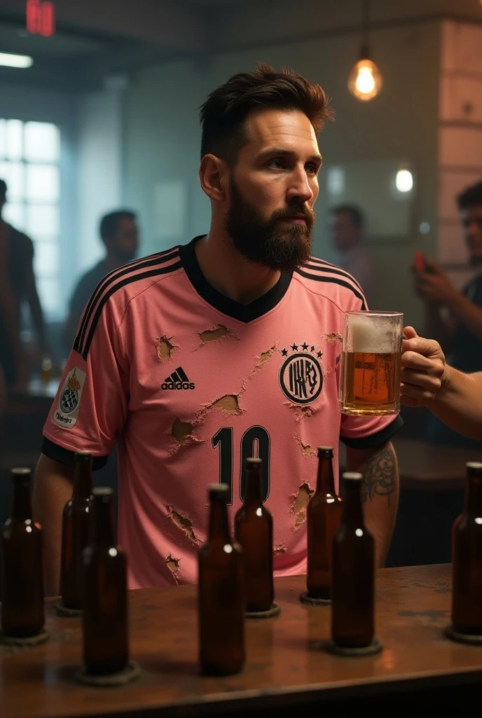 Hyper realistic photo of Messi in a slum bar drinking beer mug - SeaArt AI
