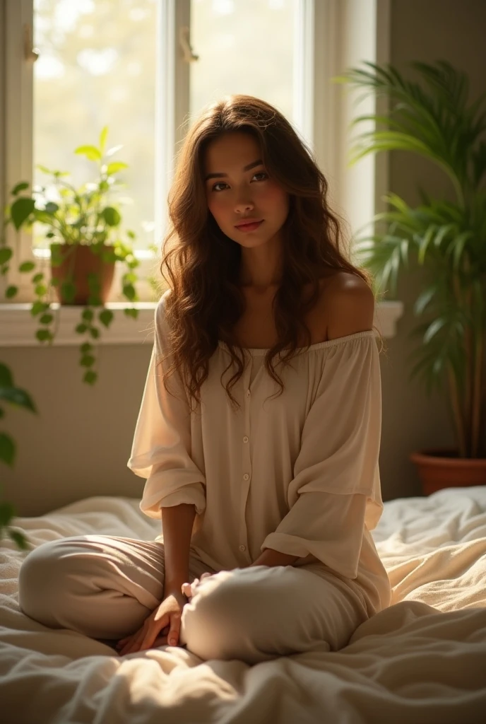 (photorealism:1.2), beautiful woman, sitting on bed, wearing loose off ...