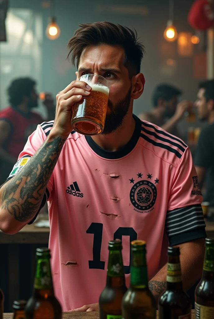 Hyper realistic photo of Messi in a slum bar drinking beer mug - SeaArt AI