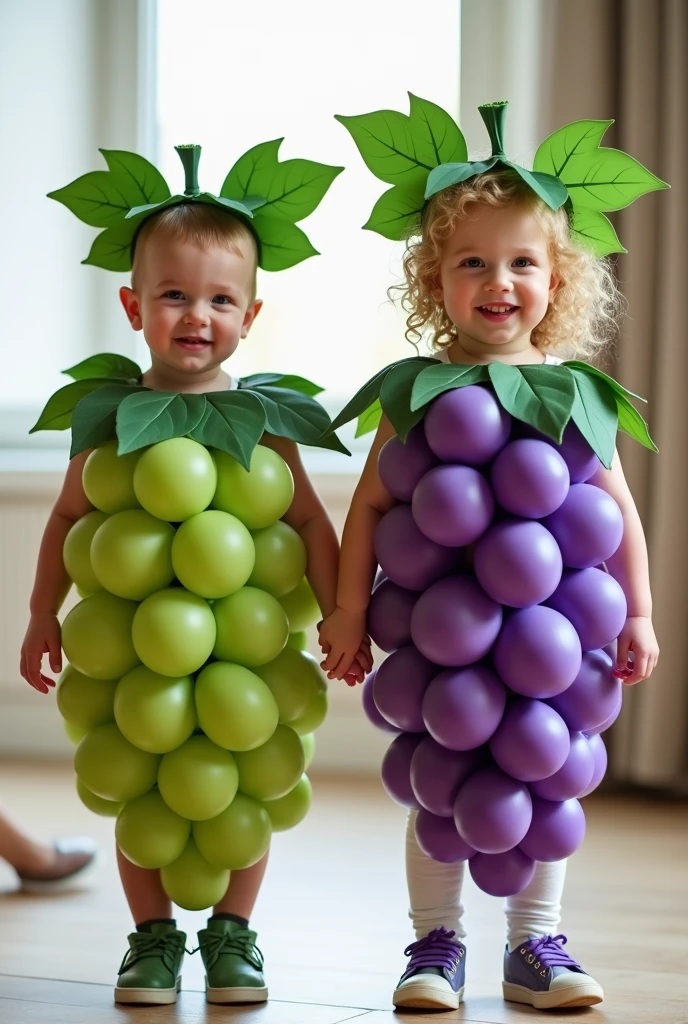 Two toddlers dressed as green and purple grapes. They are wearing ...