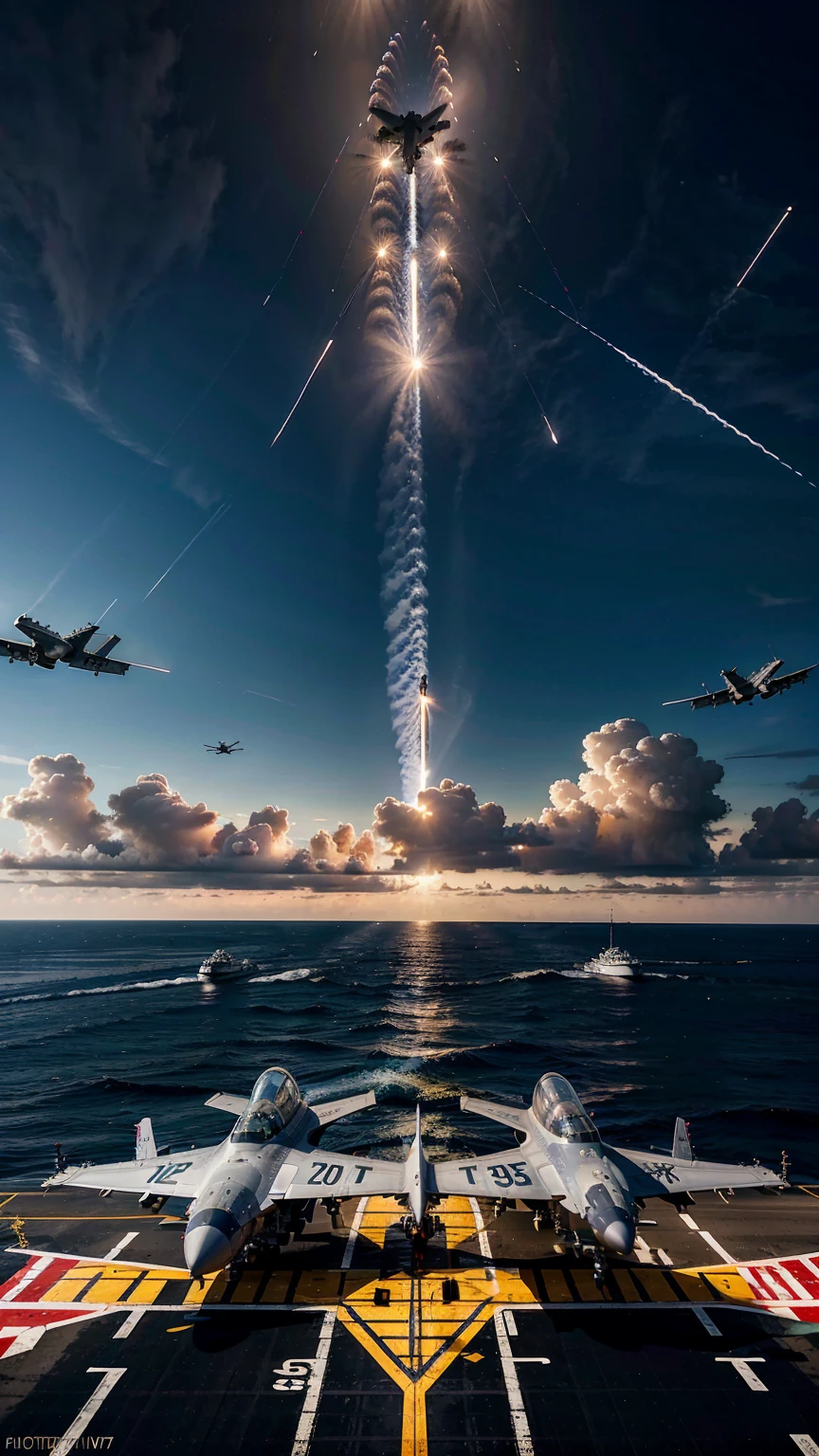 A detailed photorealistic US Navy aircraft carrier, F-16 fighter jets ...