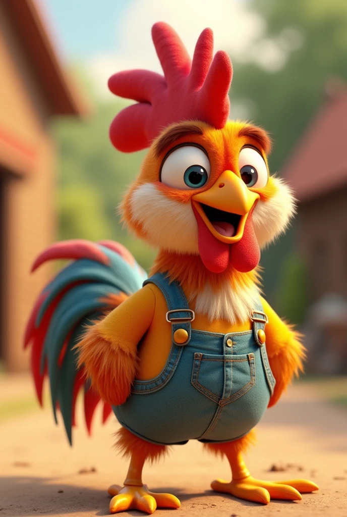 A cute little rooster In playful and curious boy clothes in Pixar 3D ...