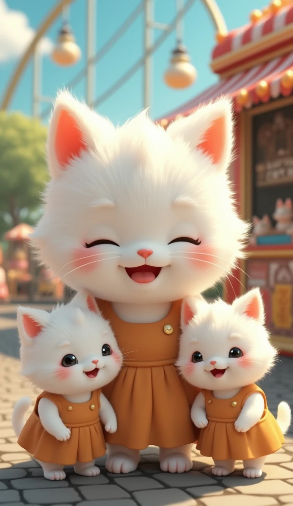 In the amusement park, three characters, a fat white cat mother and two ...