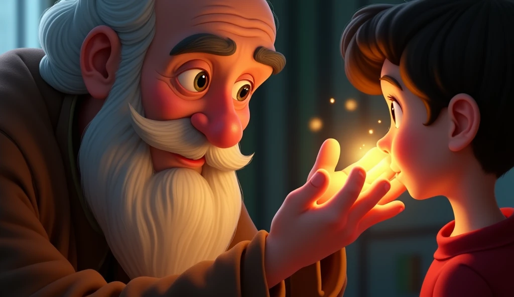 "A close-up, animated-style portrait of a young boy watching an elderly ...