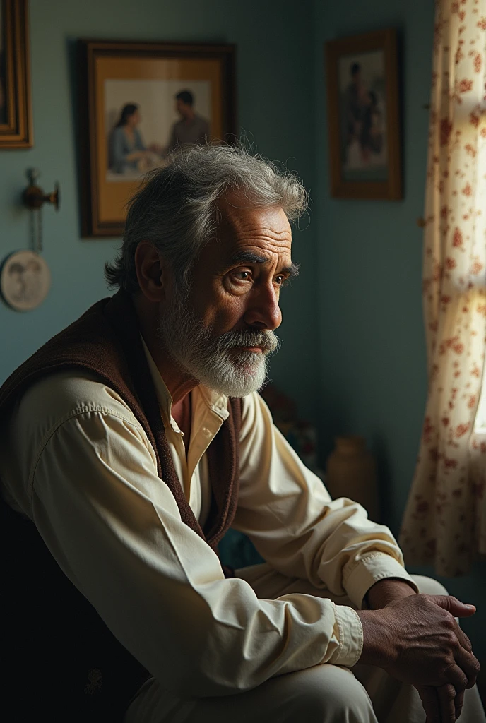 Capture the husband lost in thought, his gaze distant and mournful as ...