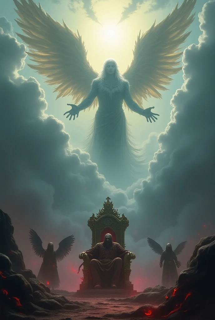 In the sky above the clouds there are three angels, their faces cannot ...