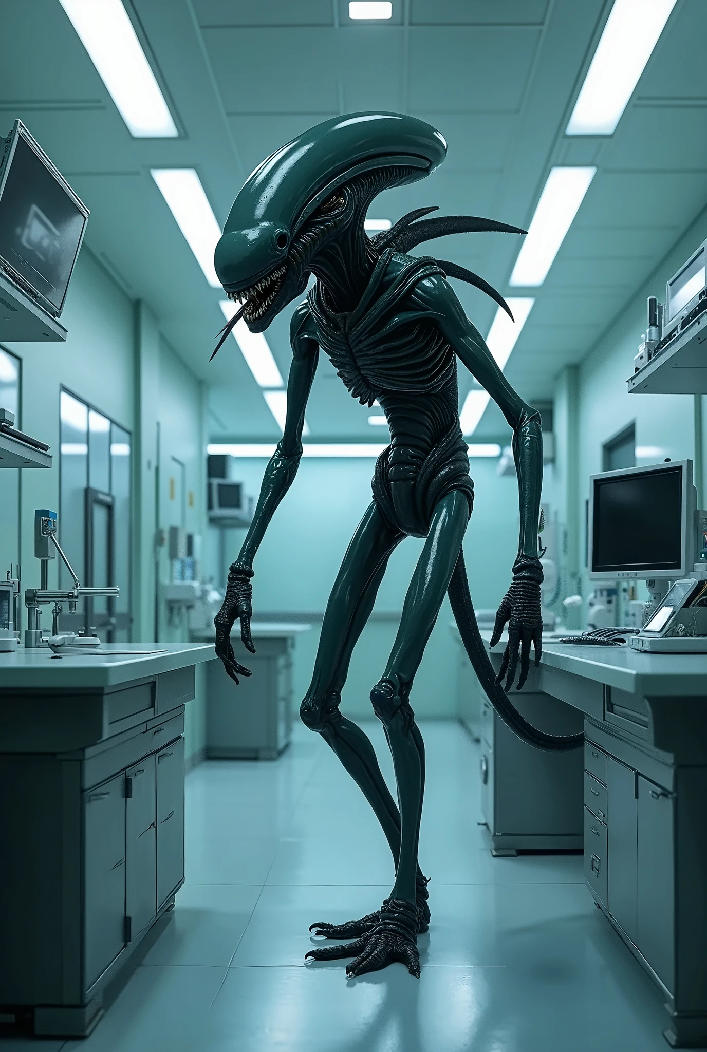 Cover image for a horror movie where an alien is in a laboratory ...