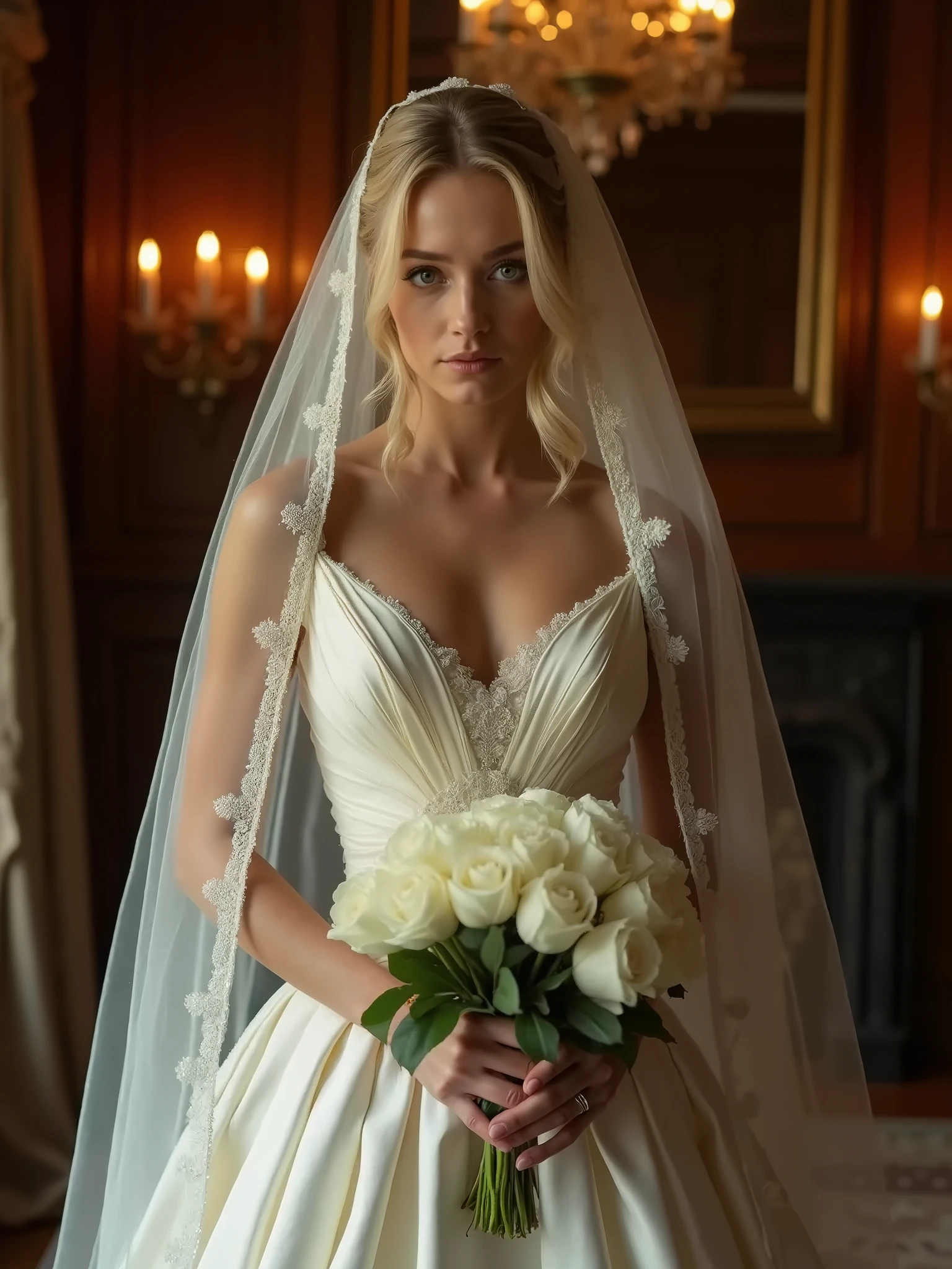 A beautiful blonde bride stands in the middle of a mahogany living room ...
