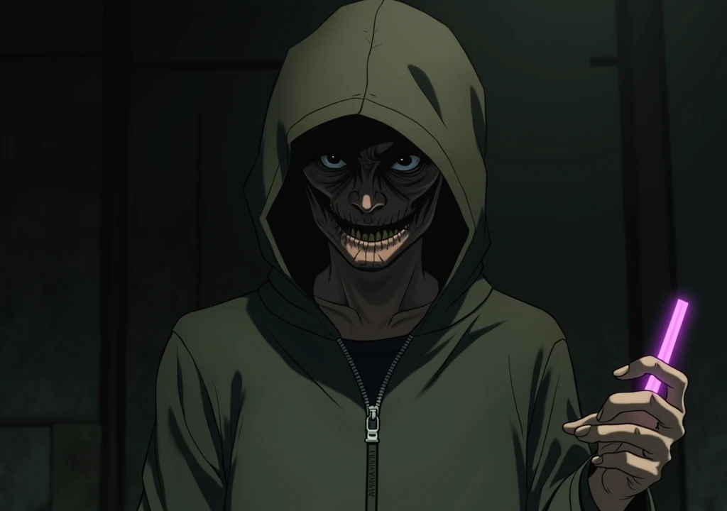 The image portrays a mysterious and threatening character . He is ...