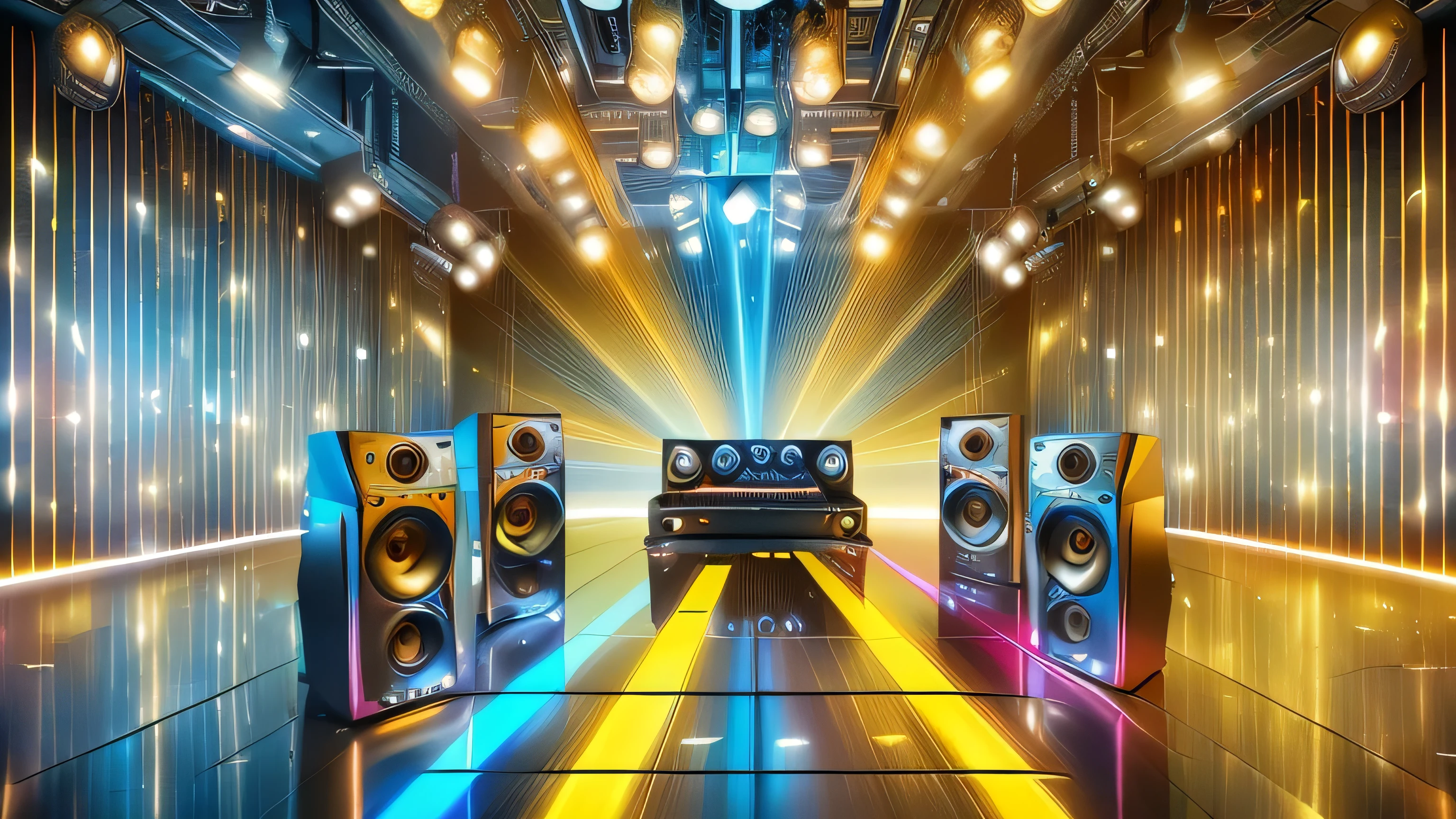 There are many speakers that are sitting in a room, nightclub ...