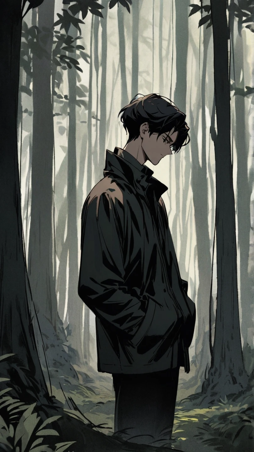 A man with dark hair and a stoic expression stands in a shadowed forest ...