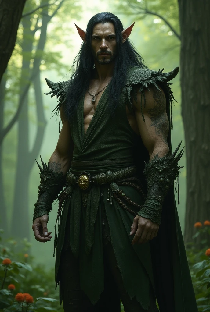 Big handsome fairy man with sharp ears and long black hair - SeaArt AI