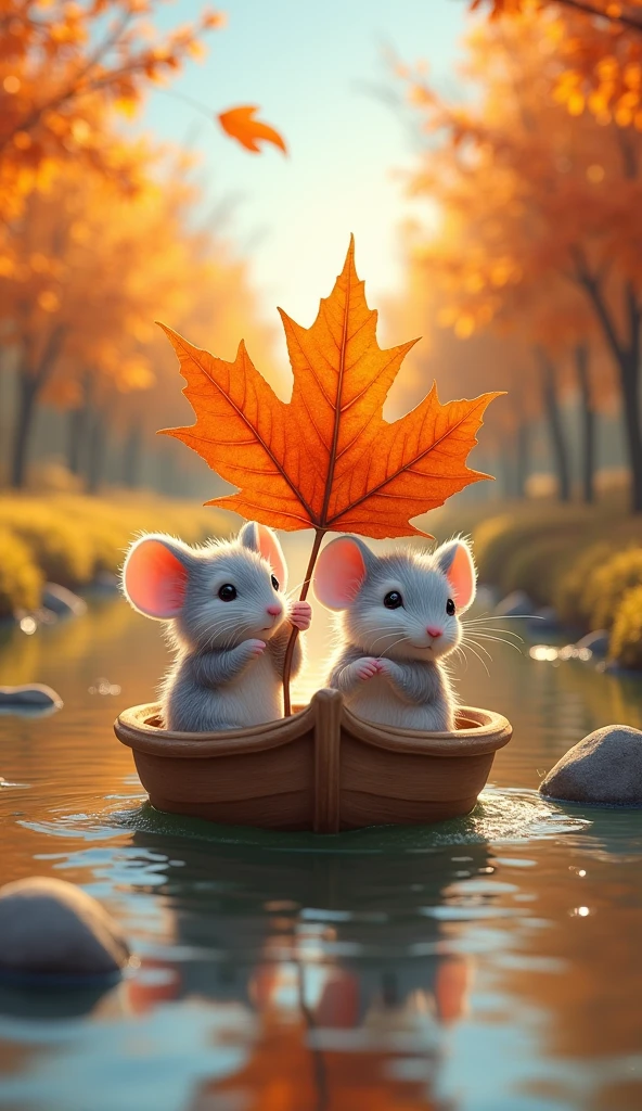 Two fluffy cute little funny mice sail in a small boat along a stream ...