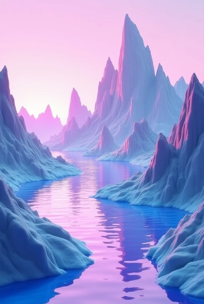 landscape with glass mountains , pink sky , blue surface and purple ...