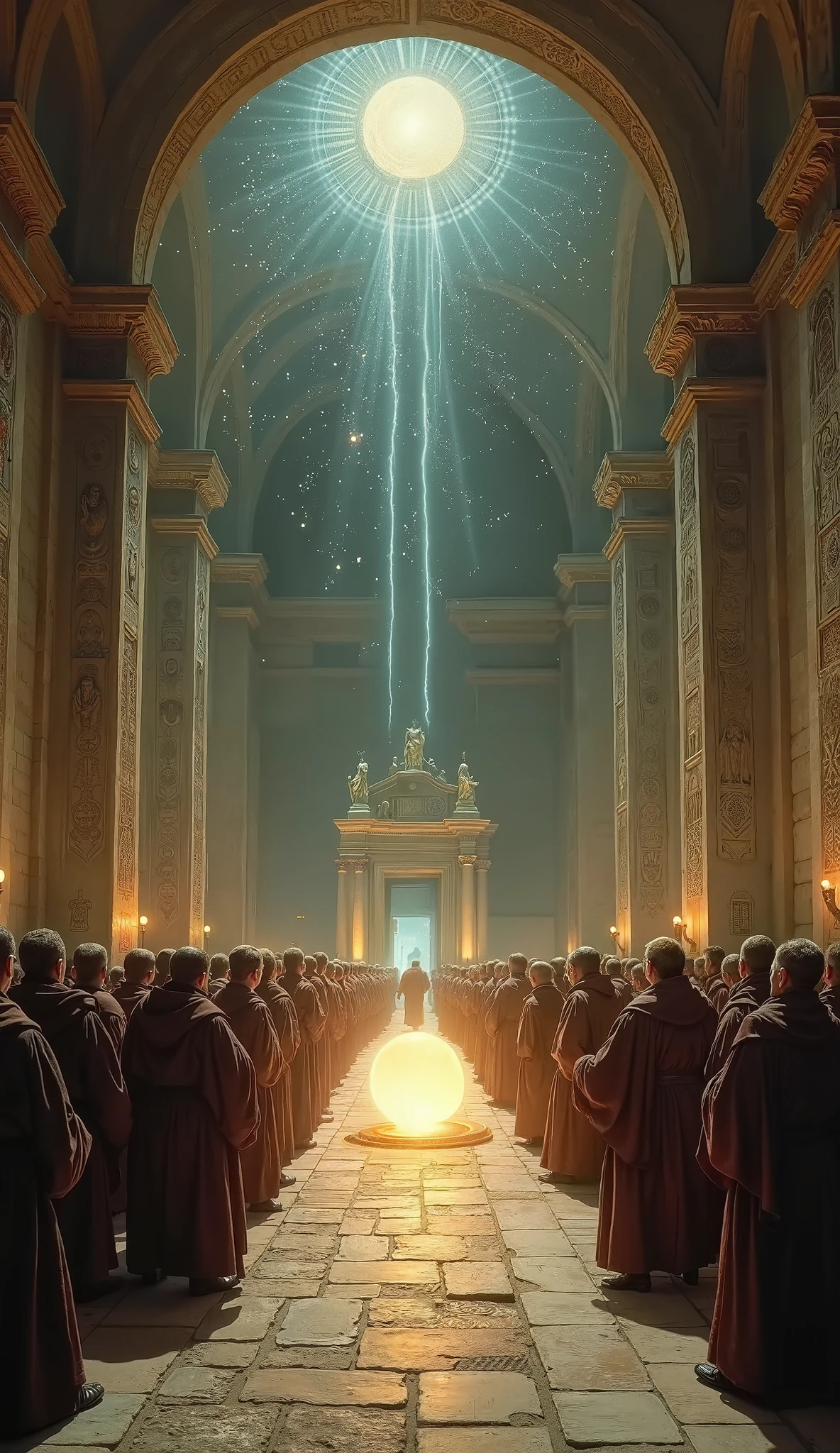 A stunning, detailed painting depicting an ancient council inside a ...