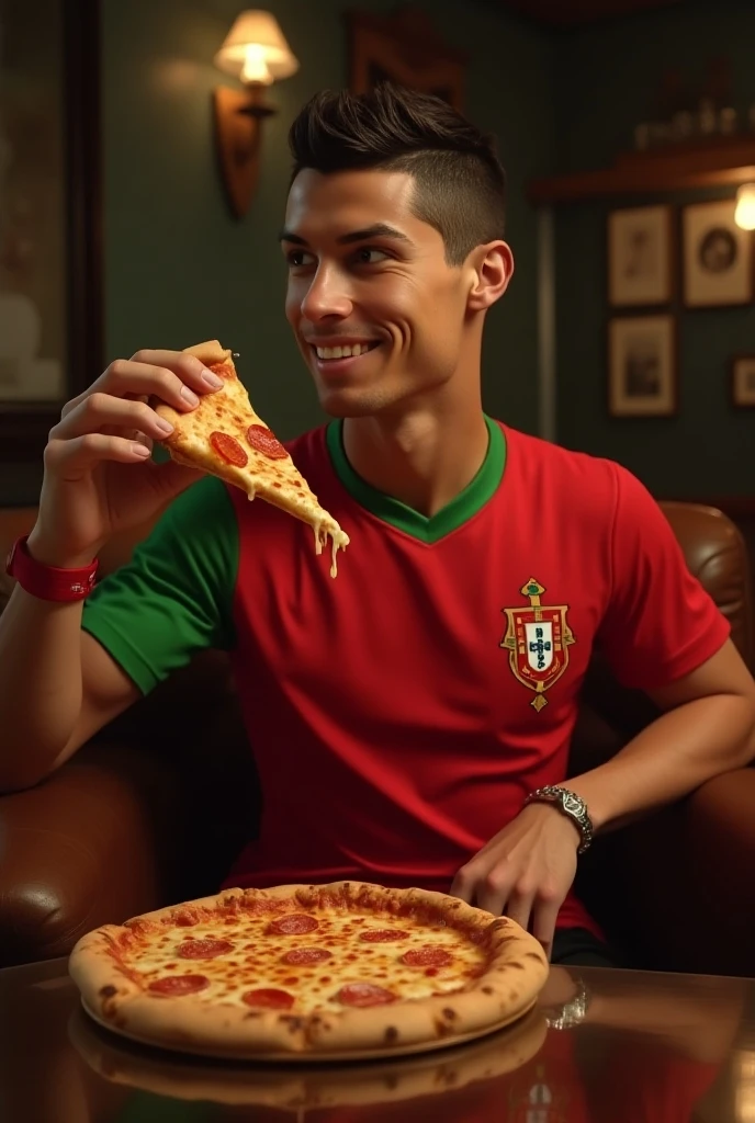 Cristiano Ronaldo eat a pizza with his Portugal clothe - SeaArt AI