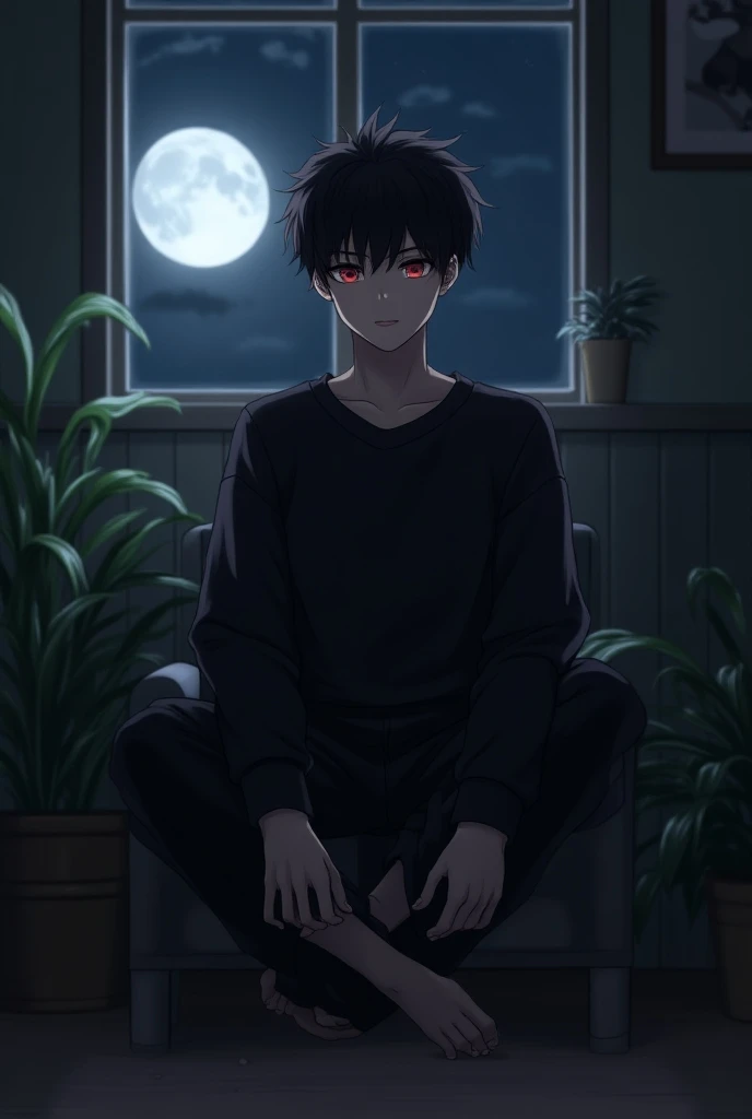 Anime boy, style sasuke, with red eyes, sitting on a chair, wearing a ...