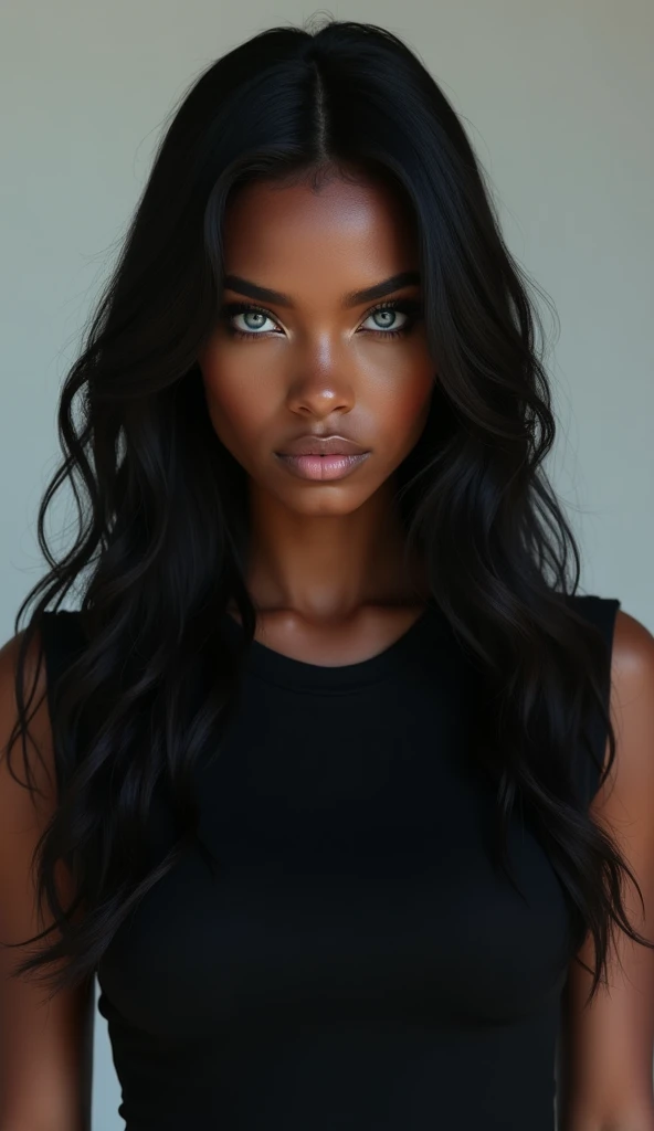 Long-haired black girl with strong blue eyes with serious look in black ...