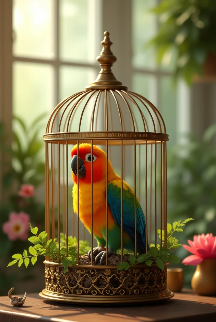 Create a happy bird inside a cage - SeaArt AI