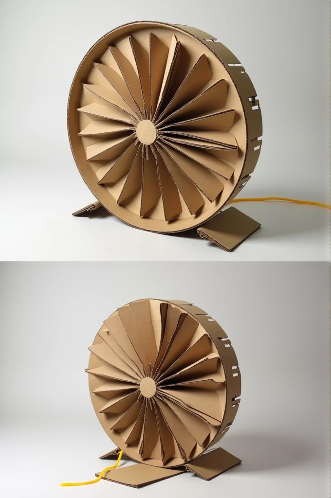 Drawing of a cardboard fan that works with elastic bands, front view ...