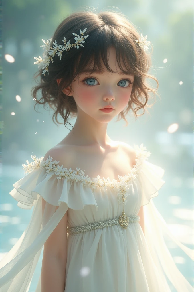 Create a white-skinned girl , blue eyes, short brown hair with bangs ...