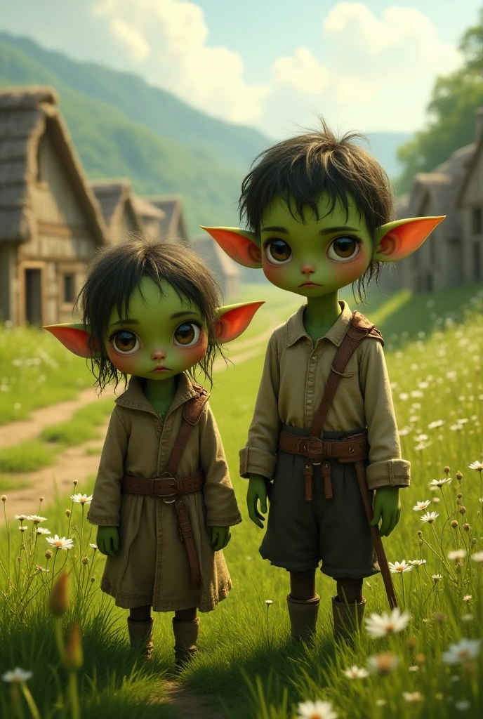 Two weird looking green skin tone ren boy and girl in the 12th century ...