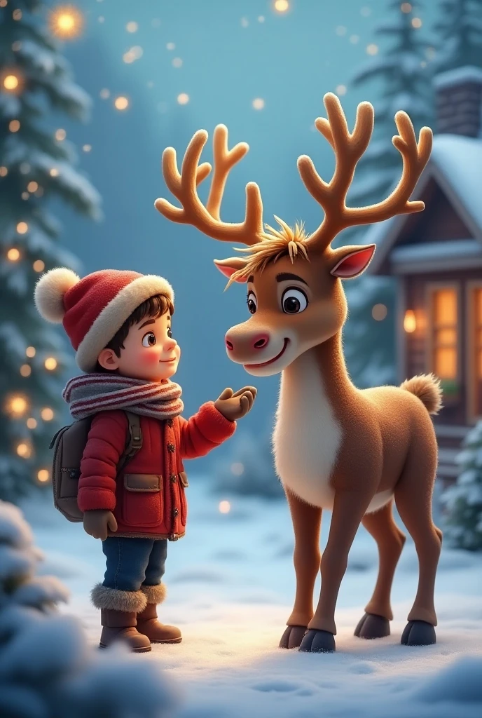 A reindeer a boy with a Christmas background - SeaArt AI