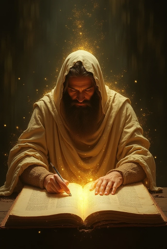 2. “A prophet writing in ancient Hebrew on scrolls, with a glowing aura ...