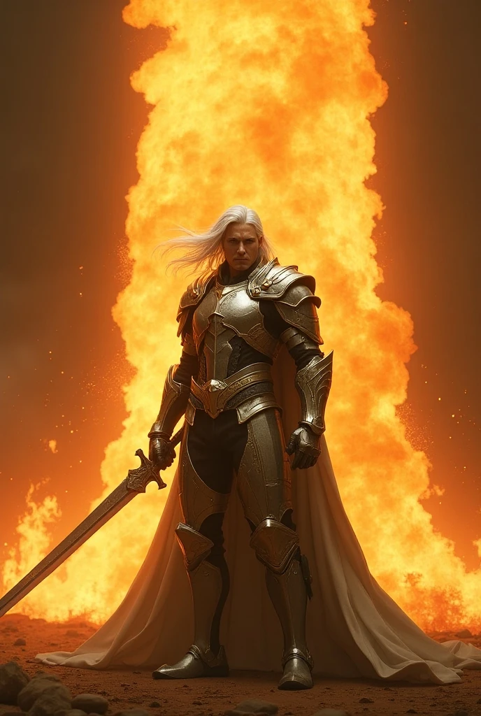 A fierce and powerful swordsman with flowing white hair stands in front ...