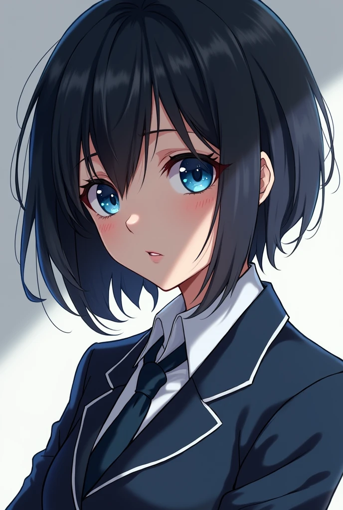 A girl with short hair in black , blue eyes , school uniform and ...