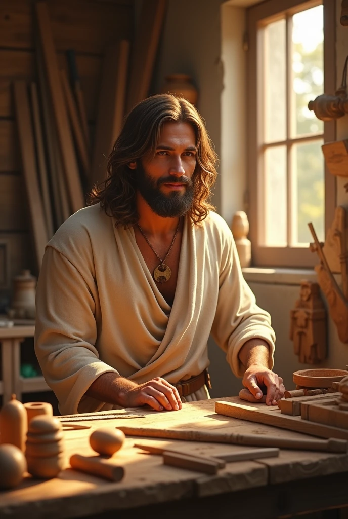 Generate an image of Jesus Christ the carpenter working in your ...