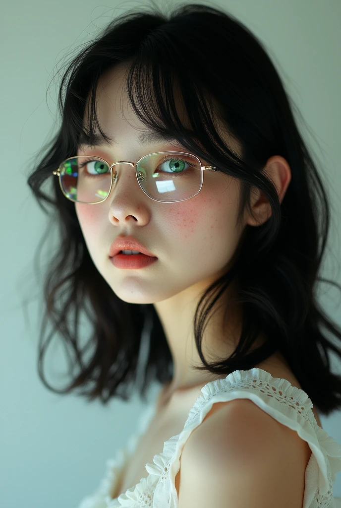 Create a photograph of a girl with lenses, shoulder length hair black ...