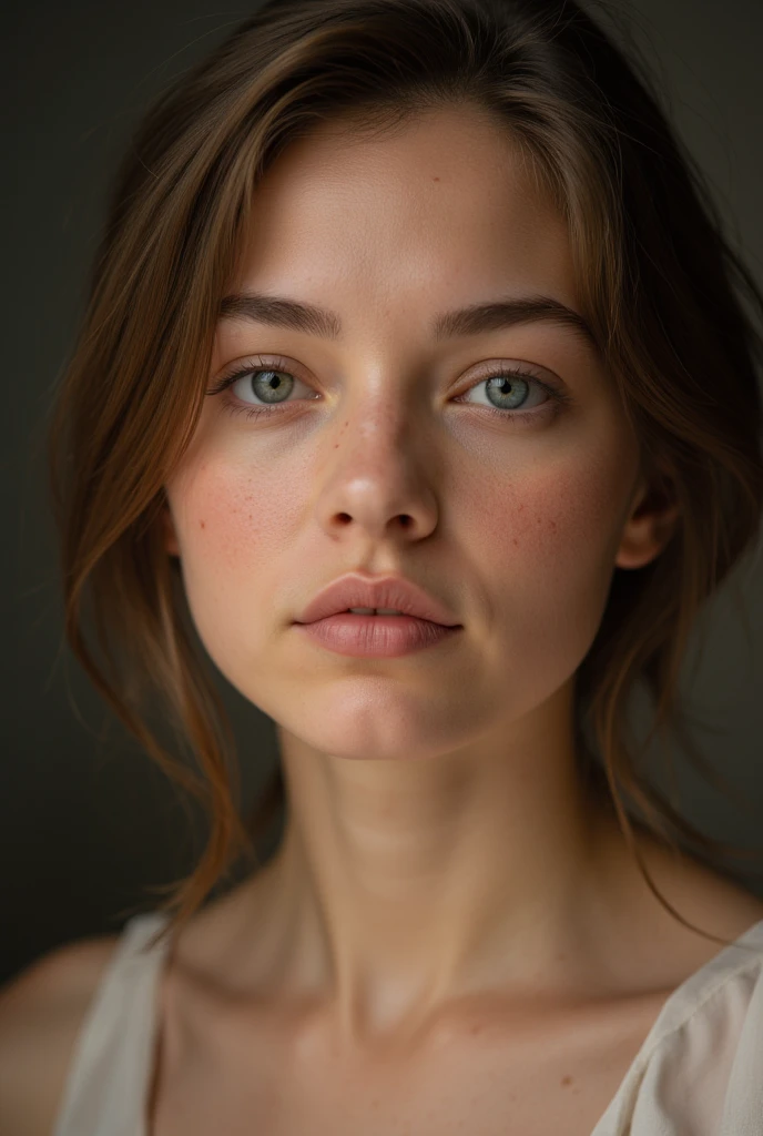 Portrait of a photorealistic young woman with visible skin texture ...
