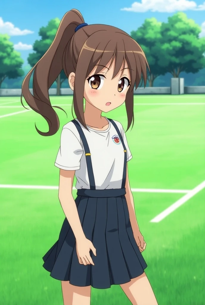 brown hair ponytail female elementary school student pleated skirt ...