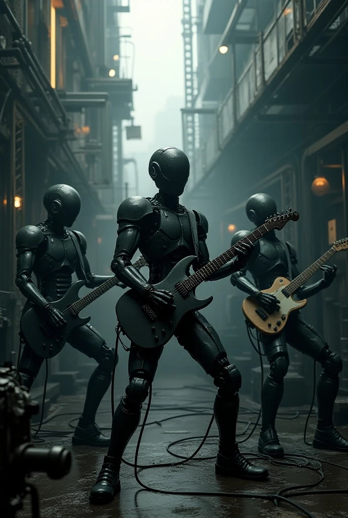A group of robotic heavy metal band members, intricate metal machinery ...